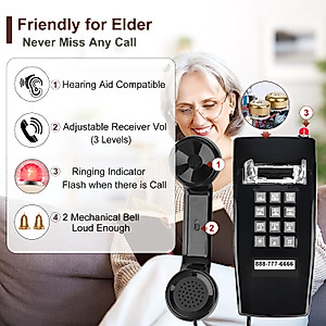 Classic Wall Phone for Landline with Mechanical Ringing, Single Line 2554 Wall Telephone with Indicator, Retro Wall Mounted Phone Waterproof, Old Wall Mount Phone for Kitchen,Home, Black