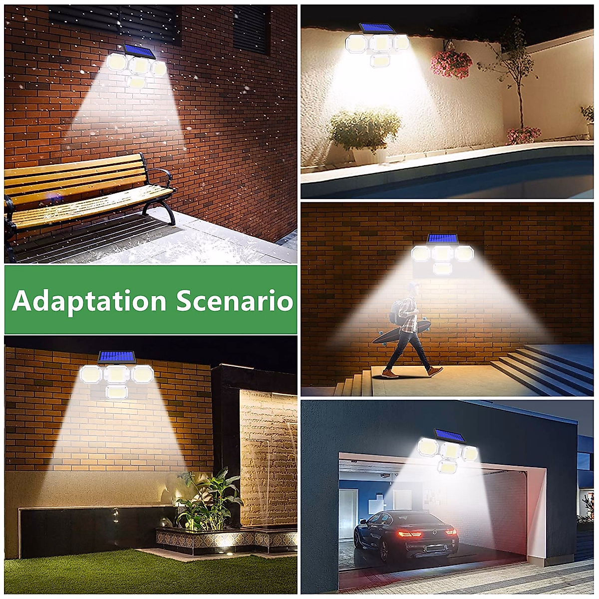 306 LED Solar Flood Light Security with Two PIR Motion Sensors IP65 Waterproof 4 Heads 3100Lum with Adjustable Spot Wall Light Garden Lighting (1Pack)