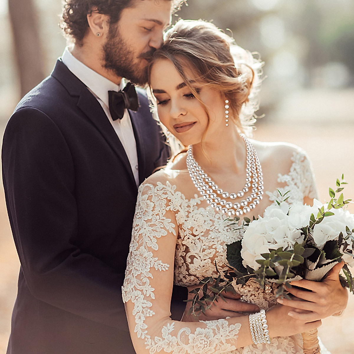 FINREZIO Women's Faux Three Multi-Strand Pearl Necklace Long Pearl Dangle Earrings and Bracelet Jewelry Set for Women