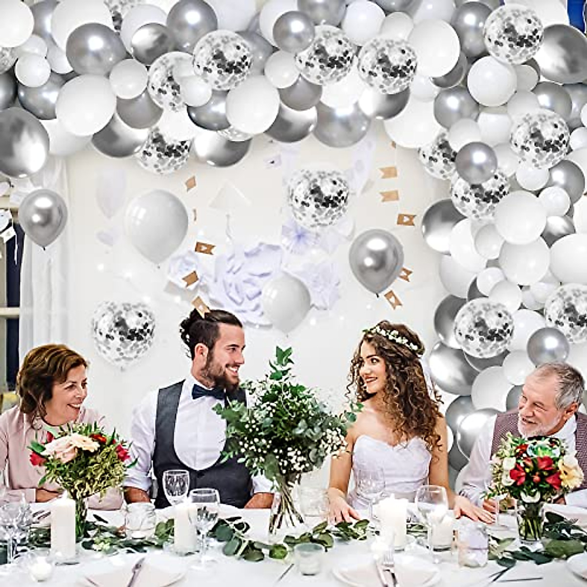 103pcs White and Silver Balloons Garland Arch Kit 5” 10 Inch 12” White Silver Metallic Confetti Latex Balloons Arch Set for Winter Wonderland Birthday Baby Shower Wedding Party New Year's Day Decor