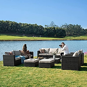 ovios Patio Furniture Set, 12 PCS Big Size Outdoor Furniture Set All Weather Rattan Wicker Sofa Sectional Set with Glass Table, Garden, Backyard, No Assembly Required (Grey-Beige)