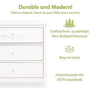 Sweetpea Baby Rose/Tiana Three Drawer Dresser in Ivory Lace, Made of Sustainable, Durable Pinewood, Easy to Assemble, Non-Toxic Finish, Wooden Nursery Furniture