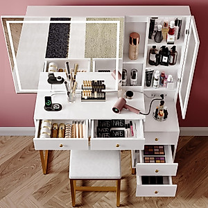 Wildhome Vanity Set with Lighted Mirror and Charging Station, Extra Large Mirror Makeup Vanity Table with Cushioned Stool,5 Drawers, Modern Vanity Table with Nightstand, White and Gold