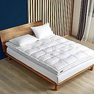 Serta Feather and Down Fiber Pillow Top Mattress Topper Queen Size - 233 Thread Count 100% Cotton Mattress Pad Ultra Soft 2-Inch Support Feather Bed-White