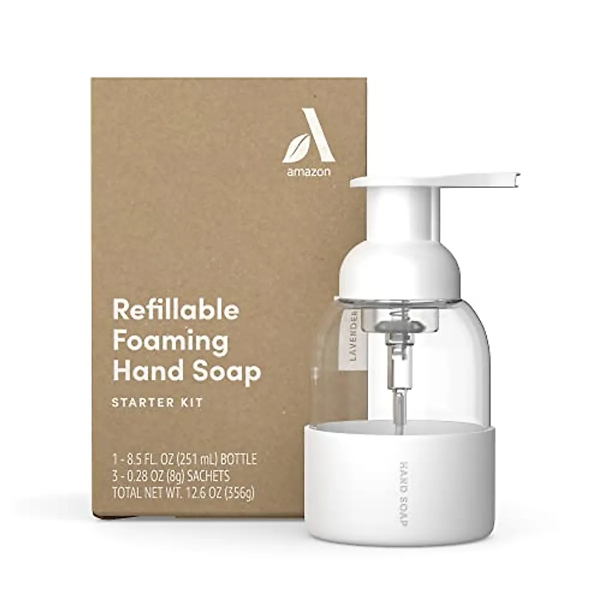 Amazon Aware Refillable Foaming Hand Soap Starter Kit, Reusable 8.5 oz Glass Bottle with Silicone Sleeve + 3 Tablet Sachets, Lavender Scent, 4 Piece Set