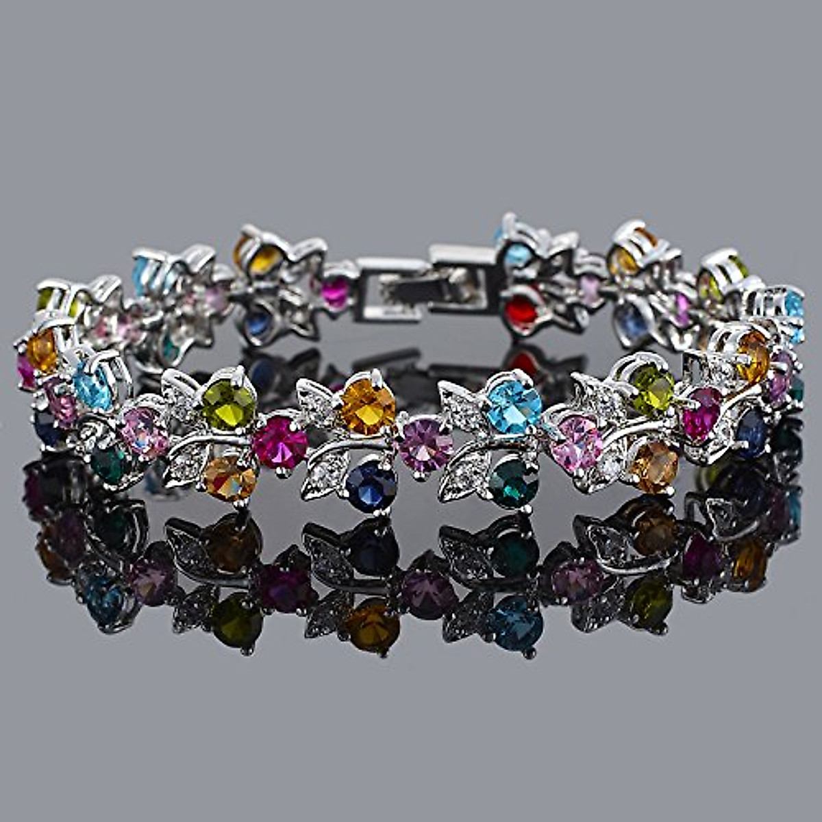 RIZILIA Tennis Bracelet & Round Cut CZ [Multi-color Cubic Zirconia] in White Gold Plated, 7"