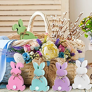 5 Pcs Easter Bunny Wooden Signs Bunny Decor Easter Tabletop Decor Rabbit Shape Table Sign with Jute Rope and Hairball Tail Freestanding Easter Table Decorations for Party (Purple, Pink, Blue, Green)
