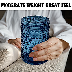 UPZAI Vintage Drinking Glasses Glassware: 15oz Water Cups Set of 6 - Thick Glass Vintage Hobnail Tumbler for Cocktail Whiskey Wine Beer Juice (6pcs Blue)