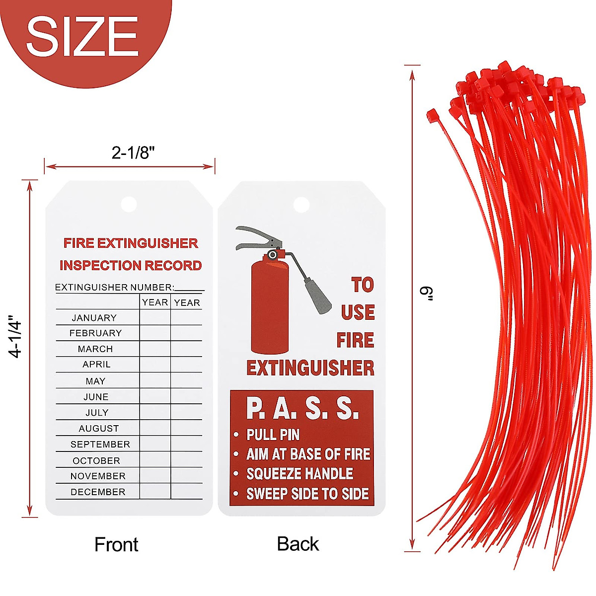 Outus 50 Sets Fire Extinguisher Monthly Inspection Tags 4.2 x 2.1 Inch Fire Extinguisher Record Labels with Adjustable Wire Ties Maintenance Waterproof Tags Recharge and Inspection for Indoor Outdoor