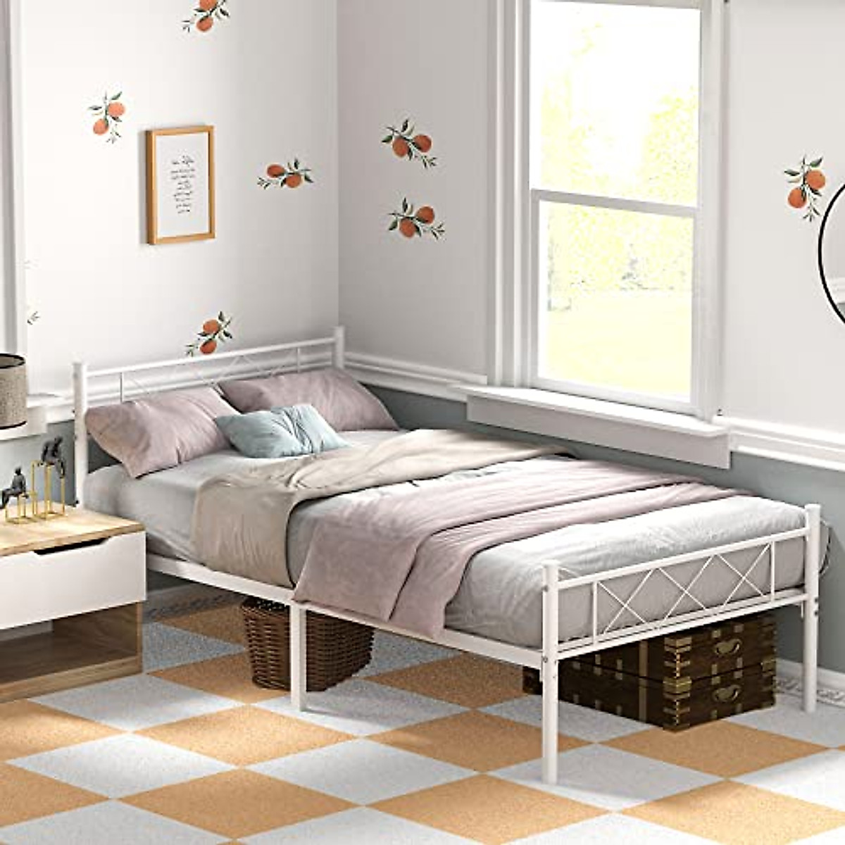 VECELO Twin Size Platform Bed Frame with Headboard and Footboard, Heavy-Duty Mattress Foundation with Steel Slats Support, No Box Spring Needed/Easy Assembly, Pure White