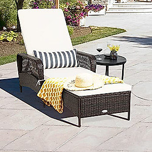 HAPPYGRILL Outdoor PE Rattan Lounge Chair Recliner Patio Chaise Lounger with Extra Waist Pillow, Reclining Chair with 6 Adjustable Gears for Outdoor Beach Pool Backyard