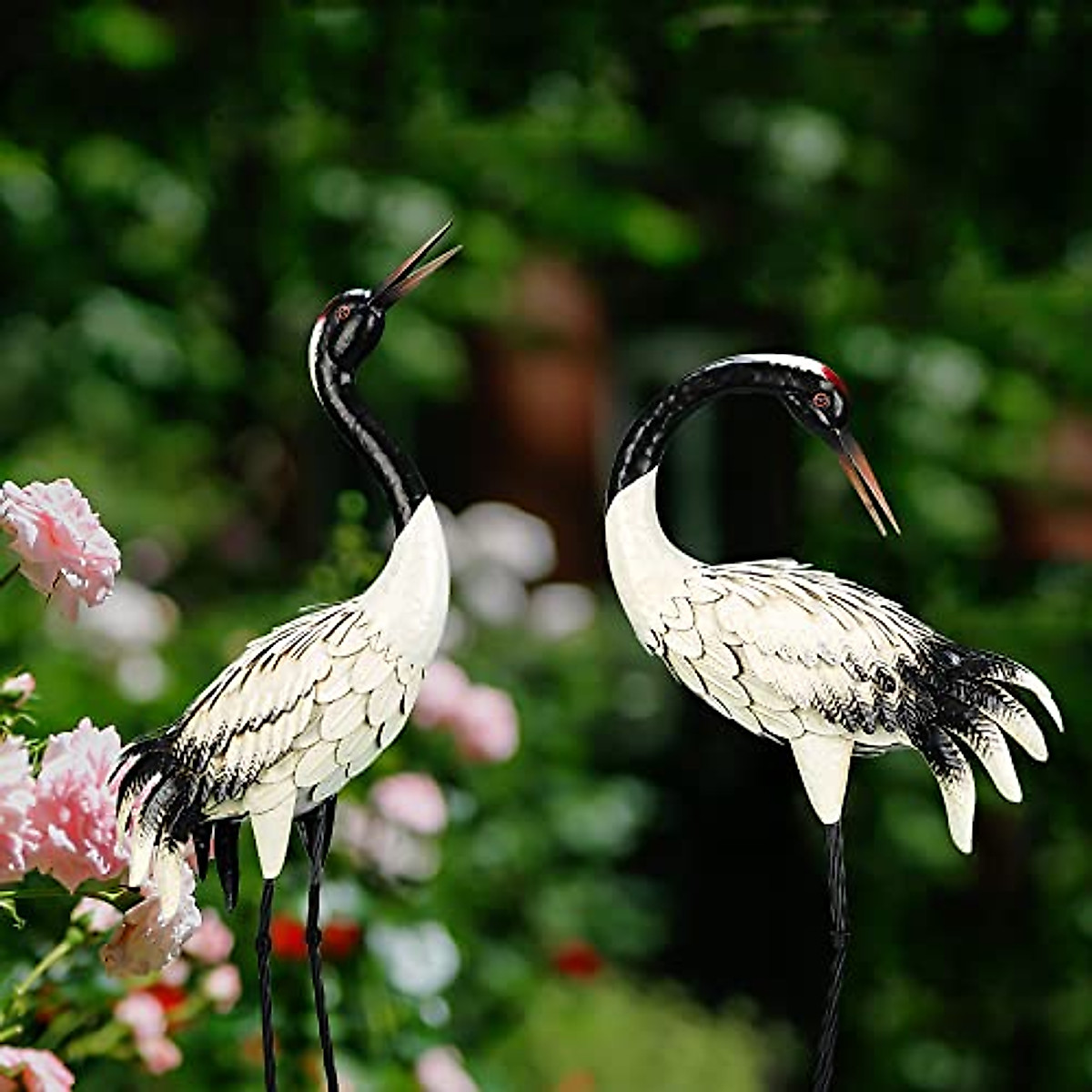 chisheen Garden Crane Statues Outdoor Heron Red Crowned Crane Metal Yard Art Sculpture,Set of 2