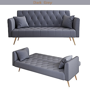 72"Modern Velvet Sofa Bed Futon,Convertible Folding Sleeper Bed Couches with 3 Adjustable Backrests,Tufted Recliner Loveseat with Golden Chrome Legs for Small Living Room Office (Dark Grey+pillows)