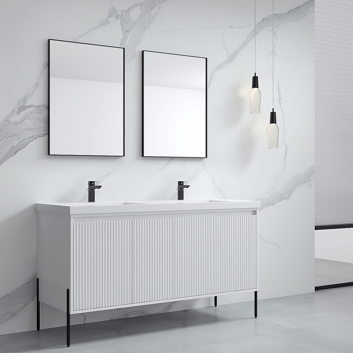 Dowell 60“ Fluted Design Vanity Set – Modern Bathroom Cabinet with Soft-Close Door & Shelf.Glossy White- 0026021V/6122BP