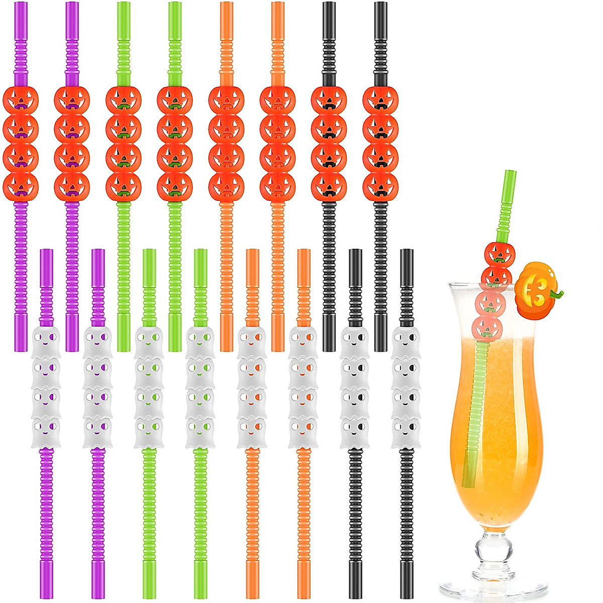 28 Pcs Halloween Straws Plastic Party Straws Include Pumpkin Ghost Reusable Drinking Straws Halloween Party Decoration for Kids Halloween Party Supply