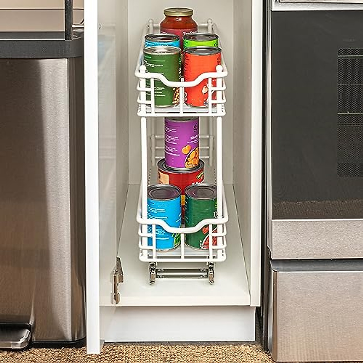 Household Essentials Glidez Multipurpose Paint-Finished Steel Pull-Out/Slide-Out Storage Organizer with Plastic Liner for Under Cabinet Use - 2-Tier Design - Fits Standard Size Cabinet or Shelf, White