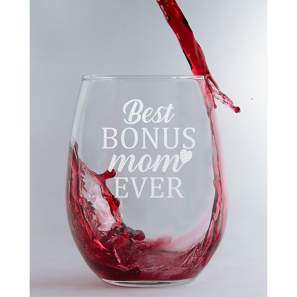 CARVELITA Best Bonus Mom Ever, 15oz Stemless Wine Glass, Mother's Day Gift for Stepmom, From Daughter, Son, Birthday Gift for Bonus Mom