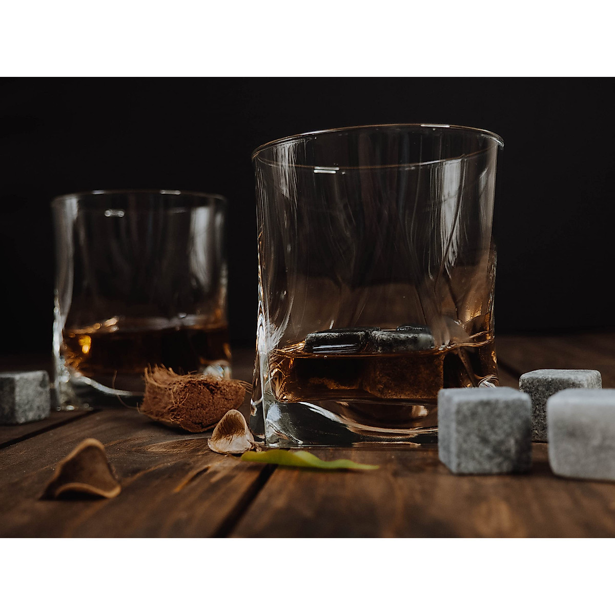 Luxury Whiskey Glass Set of 2, Gift Set in Wooden Box, Includes 8 Whiskey Ice Stones, Velvet Bag and Stainless Steel Tongs. Great Gift for Men, Dad, Christmas. (14)