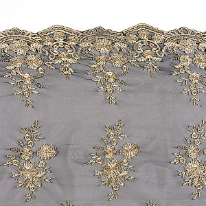 Embroidered Two Tone Black and Gold Long Chapel Veil with Floral Design, 24 Inch