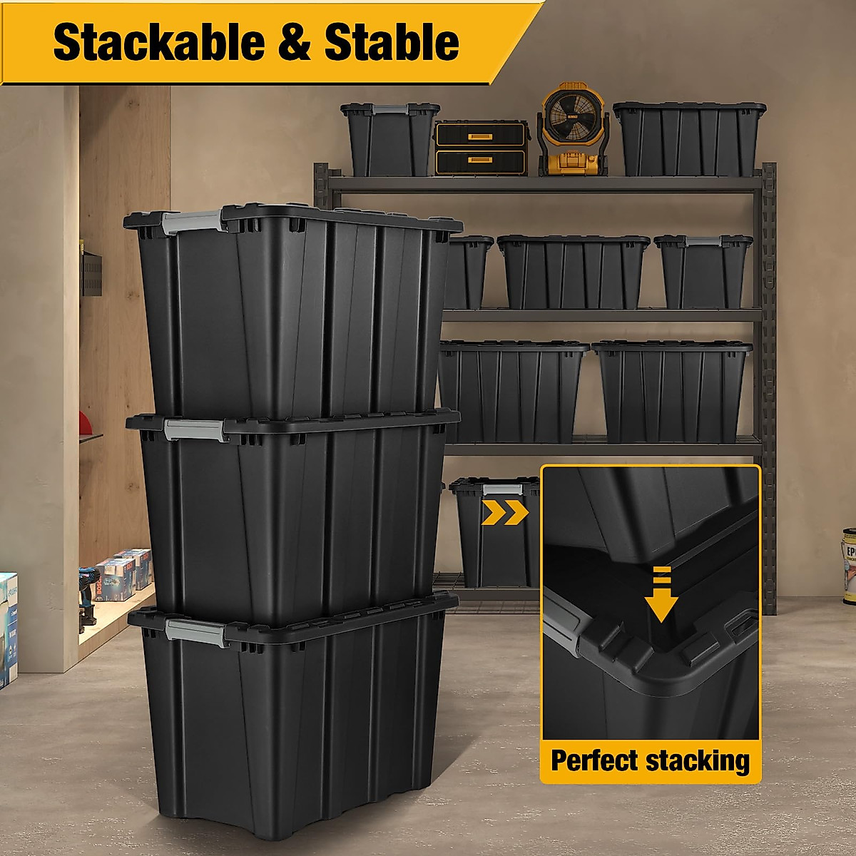 BROVIEW V12 11Gal Heavy Duty Plastic Storage Bins with Latching Lids, Stackable Tough Tote Storage Box Containers with Lock Hole & Handle for Garage Workshop Metal Rack (Black Base/Blue Lid, 4Pack)