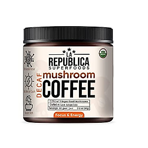 La Republica Organic Decaf Mushroom Coffee with 7 Superfood Mushrooms, Water-Processed Instant Coffee Mix with Lion's Mane, Reishi, Chaga, Cordyceps, Shiitake, Maitake, and Turkey Tail (Regular)