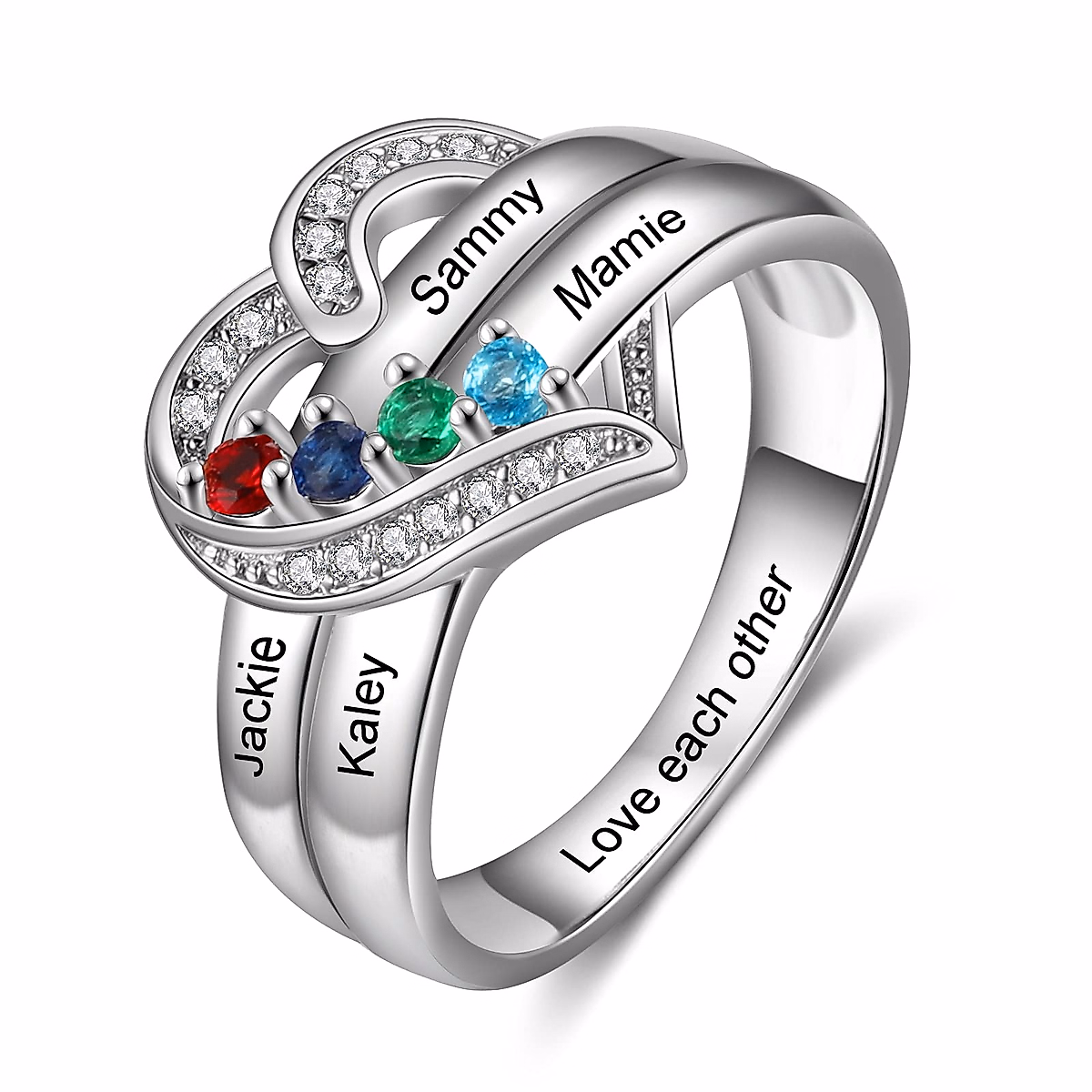 Personalized Mom Daughter Rings Custom Heart Ring with 1-8 Simulated Birthstones Promise Ring Engraved 1-8 Family Name Ring Jewelry Gift for Mother's Day(4 stone)
