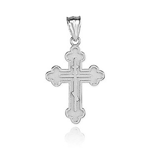 Sideways Crosses Religious Jewelry Solid 14k White Gold Eastern Orthodox Cross Charm Pendant Necklace, 16"