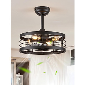 LEDIARY 16.5 inch Black Caged Ceiling Fan with Light, Bladeless Industrial Ceiling Fan with Remote, Farmhouse Fan Lights Ceiling Fixtures for Kitchen, Bedroom, Outdoor（6 Speed, Timing）-Black