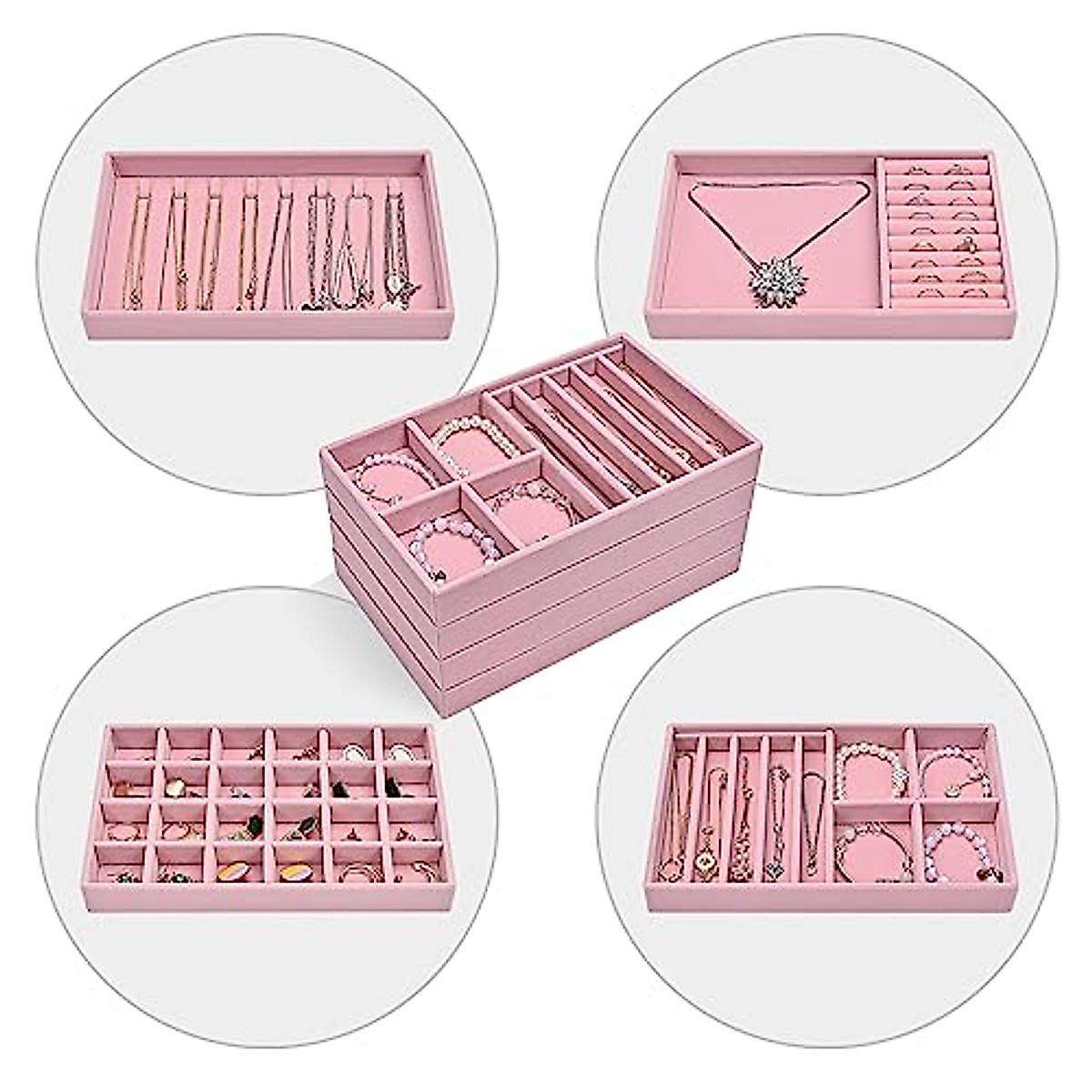 ProCase Set of 4 Stackable Jewelry Organizer Trays for Drawers, Jewelry Drawer Inserts Container Display Case Storage for Earring Necklace Rings Bracelet with Removable Dividers -Dustypink