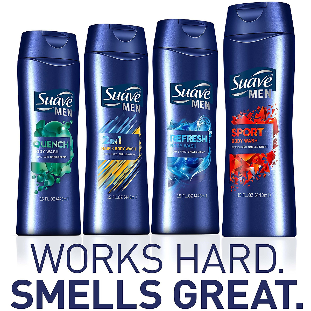 Suave Men 3in1 for Everyday Use Hair, Body and Face Wash Fragrance Bodywash, Shower Gel and Shampoo for Men 15 Fl Oz (Pack of 6)