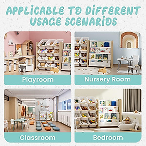 EXPERLAM Kids Toy Storage Organizer - Toy Organizer with Kids Bookshelf, Toy Storage with 12 Toy White Bins and 4 Book Shelves, Toy Organizers and Storage for Playroom, Nursery, Kids Room, Burlywood