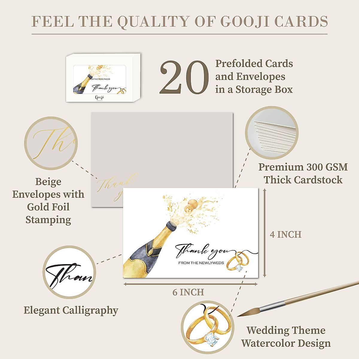 Gooji Wedding Thank You Cards with Matching Envelopes, 4x6 Inches, 20 Count, White and Beige