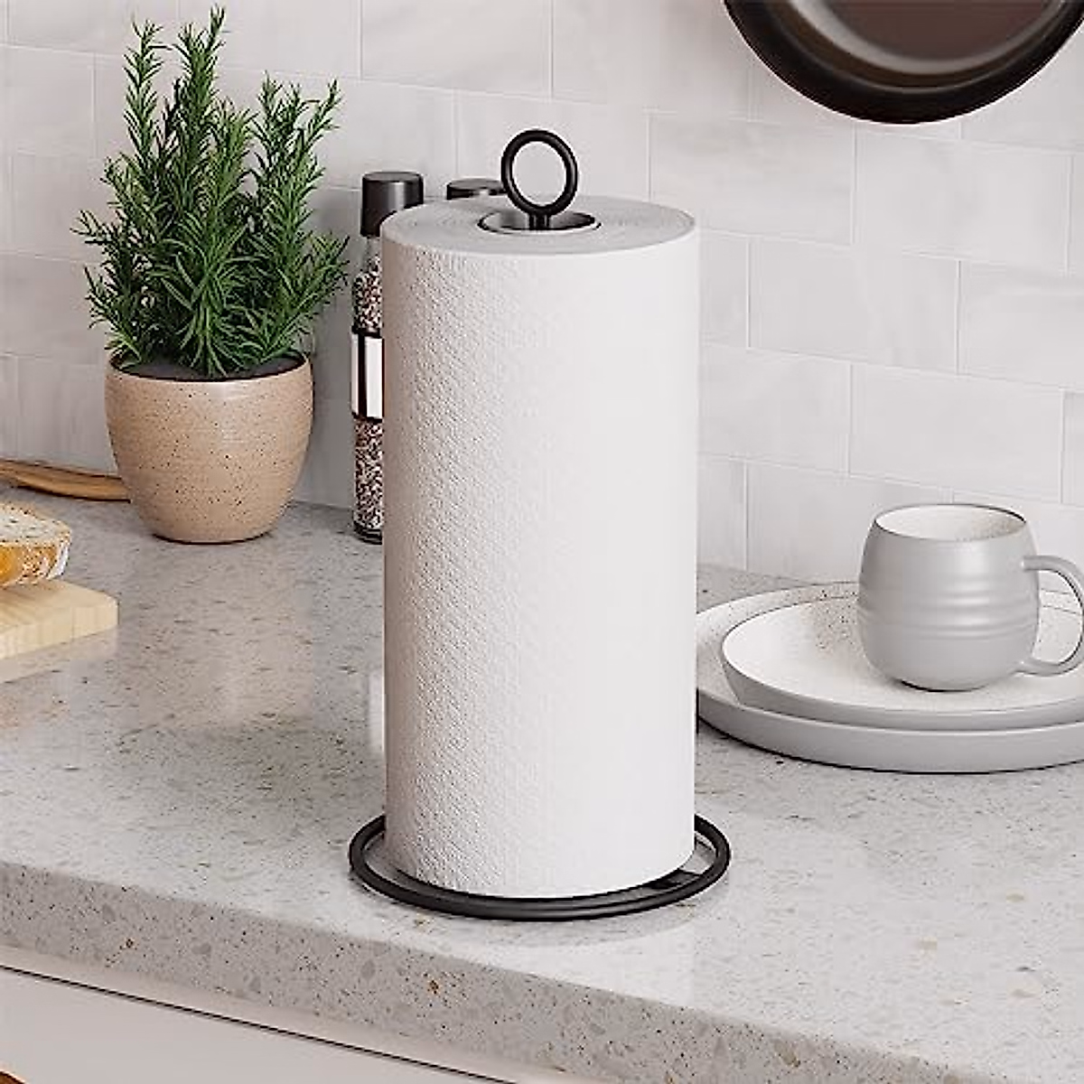 Black Paper Towel Holder Countertop, Kitchen Paper Towel Stand Holder for Kitchen Organization and Storage Standard and Large Size Rolls (Black)