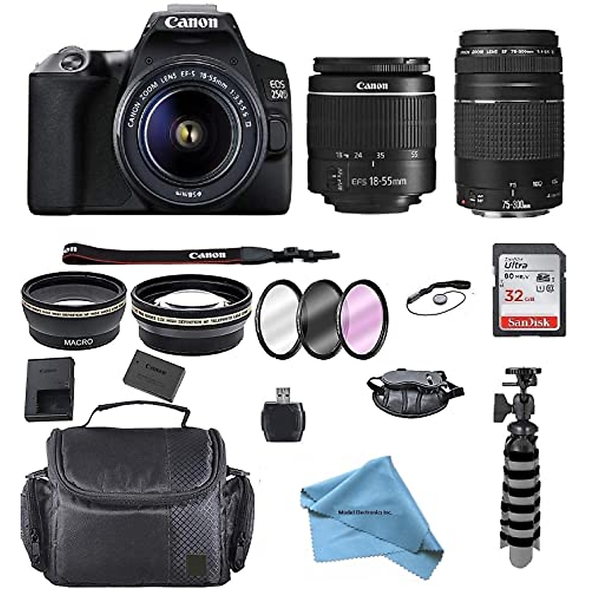 EOS 250D / Rebel SL3 Digital SLR Camera Body w/EF-S 18-55mm f/3.5-5.6 Lens 3 Lens DSLR + Canon 75-300 Lens Kit Bundled with Complete Accessory Bundle - International Model (Renewed)