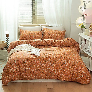 LifeTB Garden Style Orange Floral Duvet Cover King Boho Flower Botanical Bedding Sets Burnt Orange Pumpkin Color Comforter Cover 100% Cotton Floral Bedding Sets 1 King Duvet Cover with 2 Pillowcases