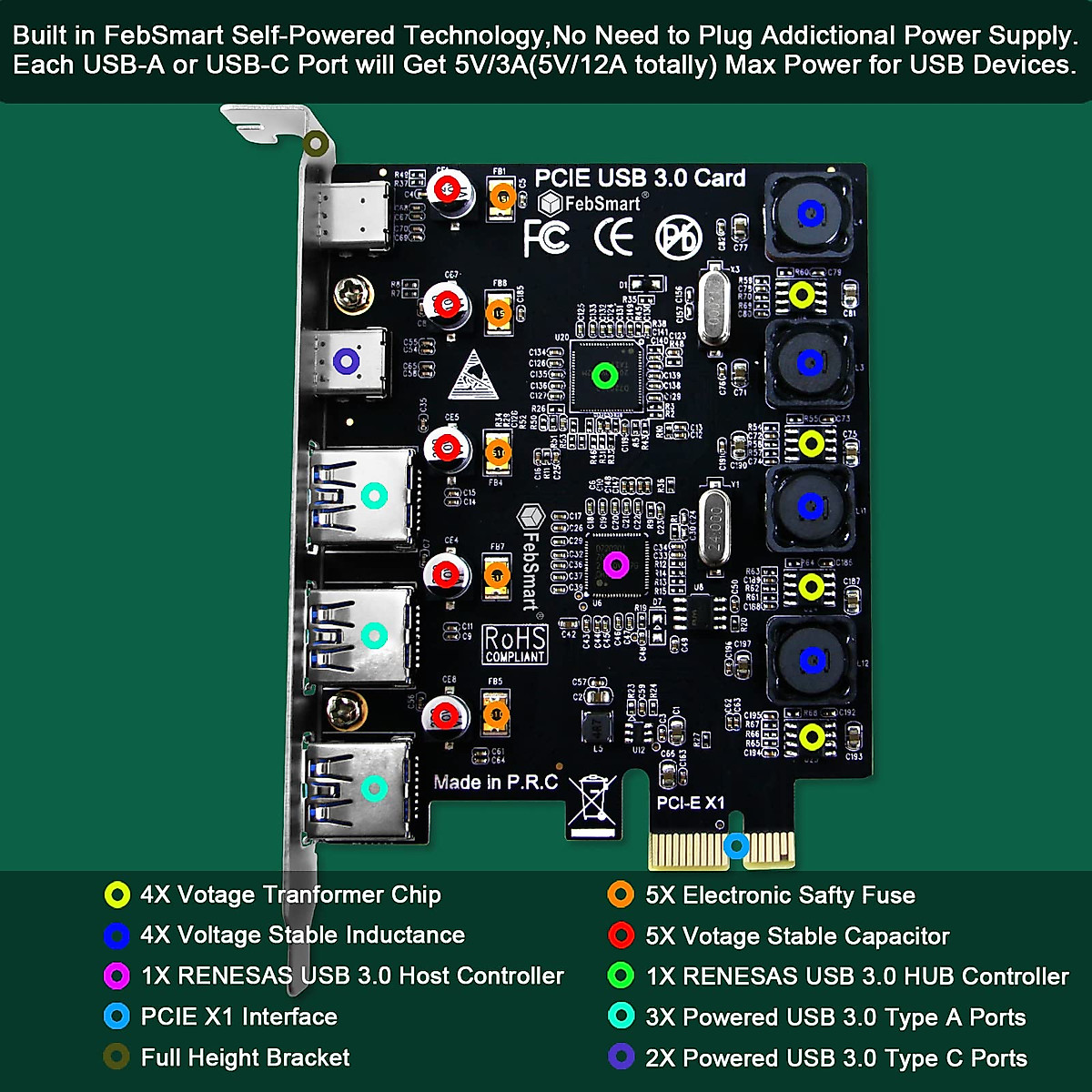 FebSmart 5-Ports Superspeed 5Gbps USB 3.0 PCIE USB Card for Windows and Linux Desktop PCs, 3X USB-A & 2X USB-C Ports, Built in Self-Powered Technology, No Need Additional Power Supply (FS-U3C2-Pro)