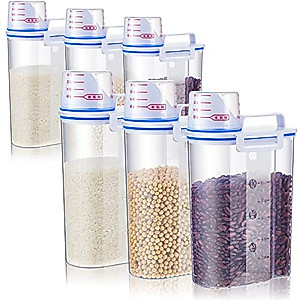 6 Pieces Rice Storage Barrel Rice Cereal Containers Dispenser Clear Kitchen Storage Bin with Pour Airtight Plastic Rice Holder Saver with Seal Buckles Measuring Cup for Cooker Flour