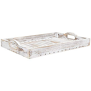 MyGift Shabby Chic Whitewashed Wood Breakfast Serving Tray with Cutout Handles