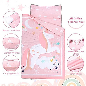Poemuphi Toddler Nap Mat - Magical Unicorn Design with Removable Pillow and Soft Blanket, Slumber Bag for Girls' Daycare, Preschool, Travel, and Camping