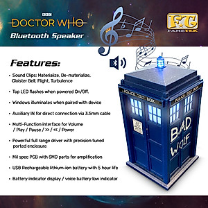 FAMETEK Doctor Who Bad Wolf Tardis Wireless Bluetooth Speaker Plays Music, Lights Up, Accurate Sounds Effects |Gifts for Men or Women - Best Gifts Birthday Collectibles for Doctor Who