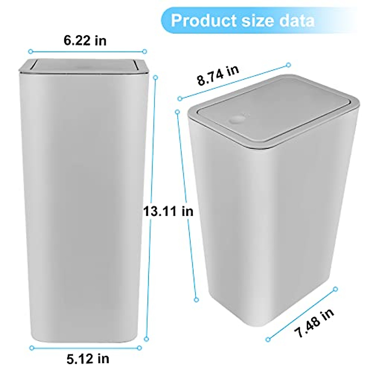 Odonata 3 Pack 10L / 2.6 Gallon Small Trash Can with Lid, Slim Garbage Can with Pop-Up Lid, Waste Basket for Bathroom, Kitchen, Bedroom, Powder Room, Craft Room, Office, College,RV.(Gray)