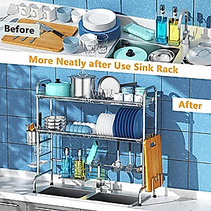 KETAZERO Over The Sink Dish Drying Rack, 2 Tier Stainless Steel Dish Drainer Rack with Cutting Board Holder Help You Save More Counter Space
