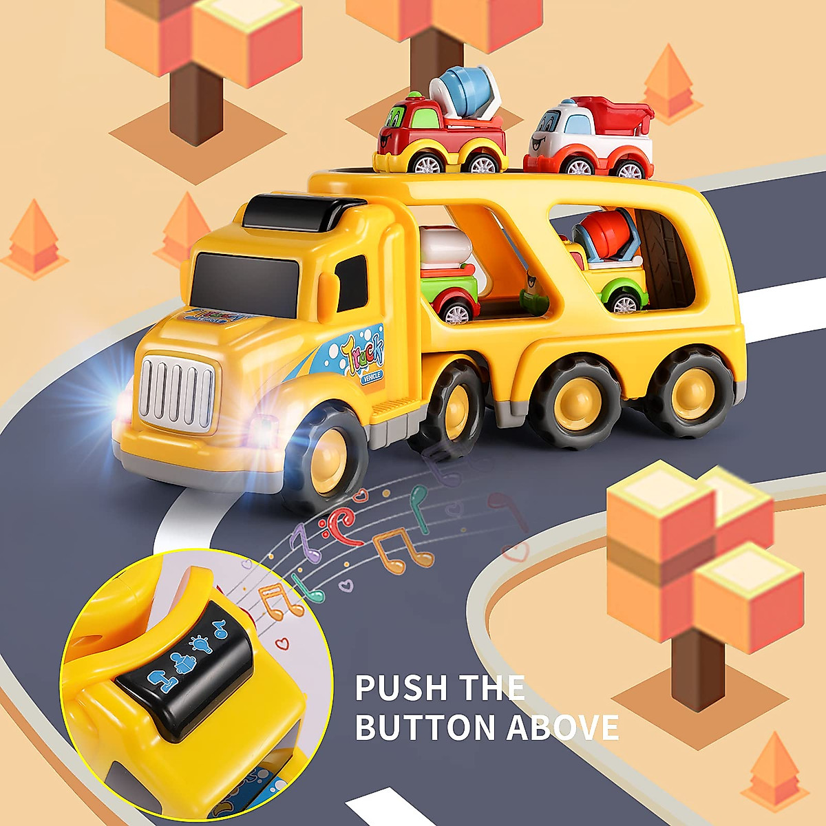 Construction Truck Toys for 1 2 3 4 5 6 Year Old Boys, 5-in-1 Friction Power Toy Vehicle in Carrier Truck Toys for Kids 3-5 Years, Car Toys Set for Age 3-9, Christmas Birthday Gifts