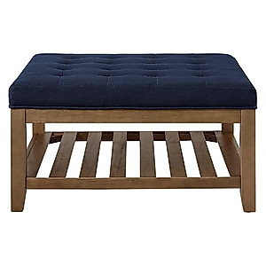 24KF Large Square Upholstered Tufted Linen Ottoman, Large Footrest Ottoman with Solid Wood Shelf- Navy Blue