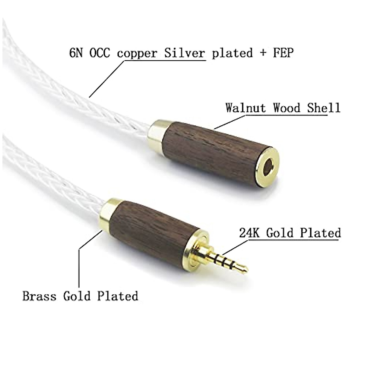 NewFantasia 2.5mm Balanced Male to 4.4mm Balanced Female Portable Headphone Adapter Jack Convert Cable 8 Cores 6N OCC Copper Single Crystal Silver Plated Wire Walnut Wood Shell