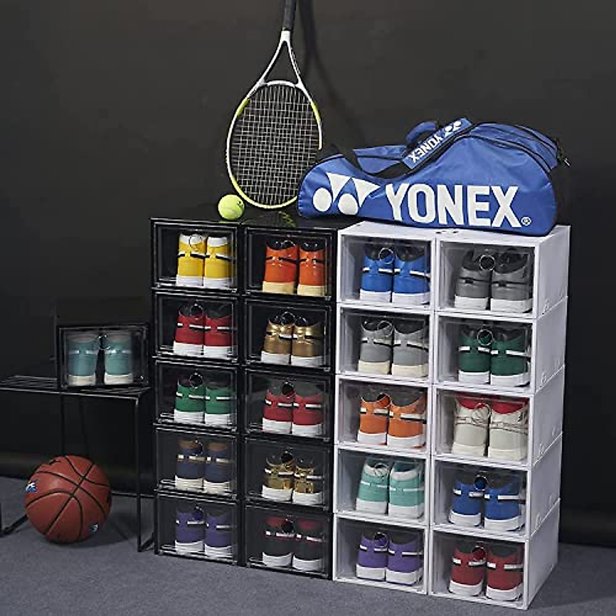 MUKIRAN HOME 12 Pack Shoe Storage Boxes, Shoe Box Clear Plastic Stackable, Drawer Type Front Opening Shoe Holder Containers (Black)