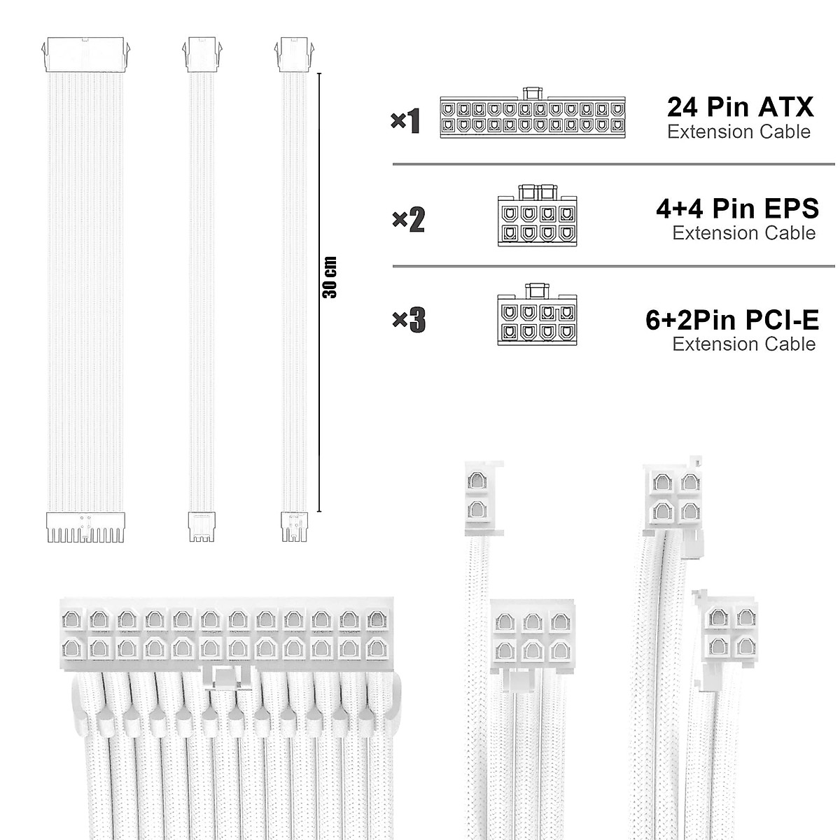 ABNO1 PSU Cable Extension Kit 30CM Length with Combs,1x24Pin/2x8Pin(4+4) EPS/3x8Pin(6P+2P) PCI-E/PC Sleeved for ATX Power Supply,White, All-White