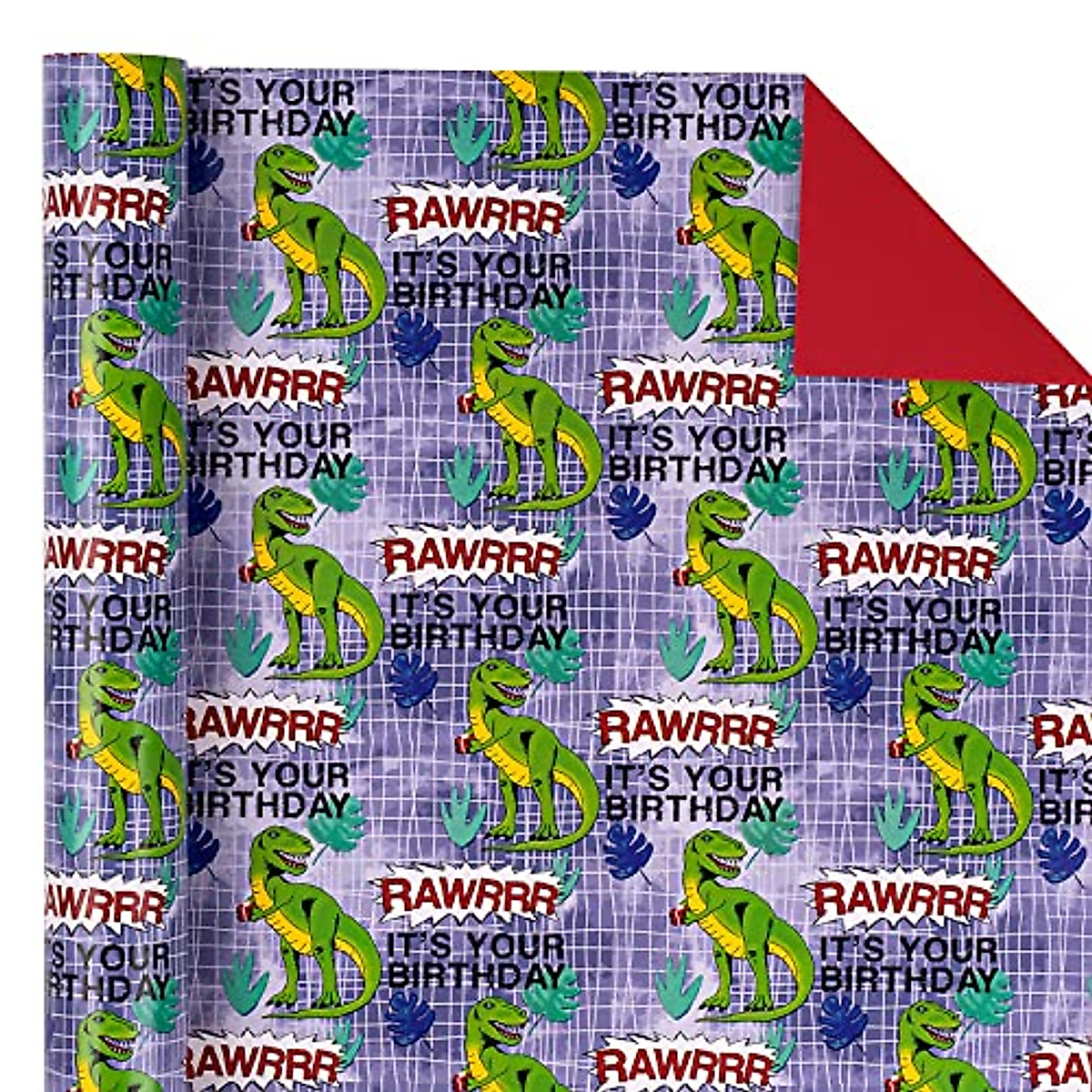 WRAPAHOLIC Reversible Wrapping Paper - Mini Roll - 17 Inch X 33 Feet - Unique Dinosaur Design for Kid's Birthday, Party, Baby Shower
