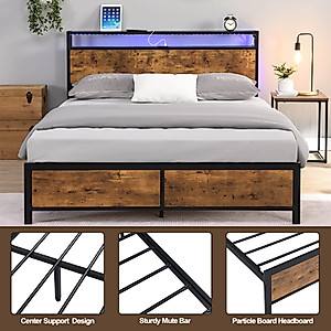 Ucloveria Queen Size Bed Frame with LED Lights and 2 USB Ports, Industrial Bed Frame Queen Size with 2-Tier Storage Wooden Headboard, Noise Free, No Box Spring Needed, Rustic Brown