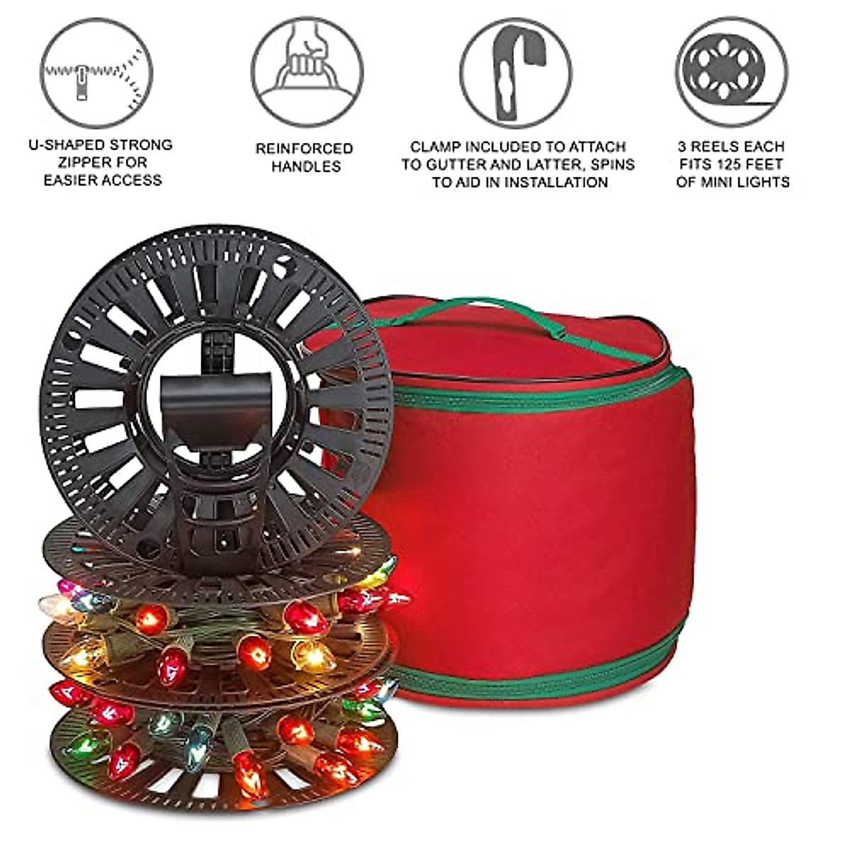Premium Christmas Light Storage Bag – Heavy Duty Tear Proof 600D/Inside PVC Material with Reinforced Handles - With 3 Reels Stores up to 375 Ft of Mini Christmas Tree Lights & Extension Cords - Red